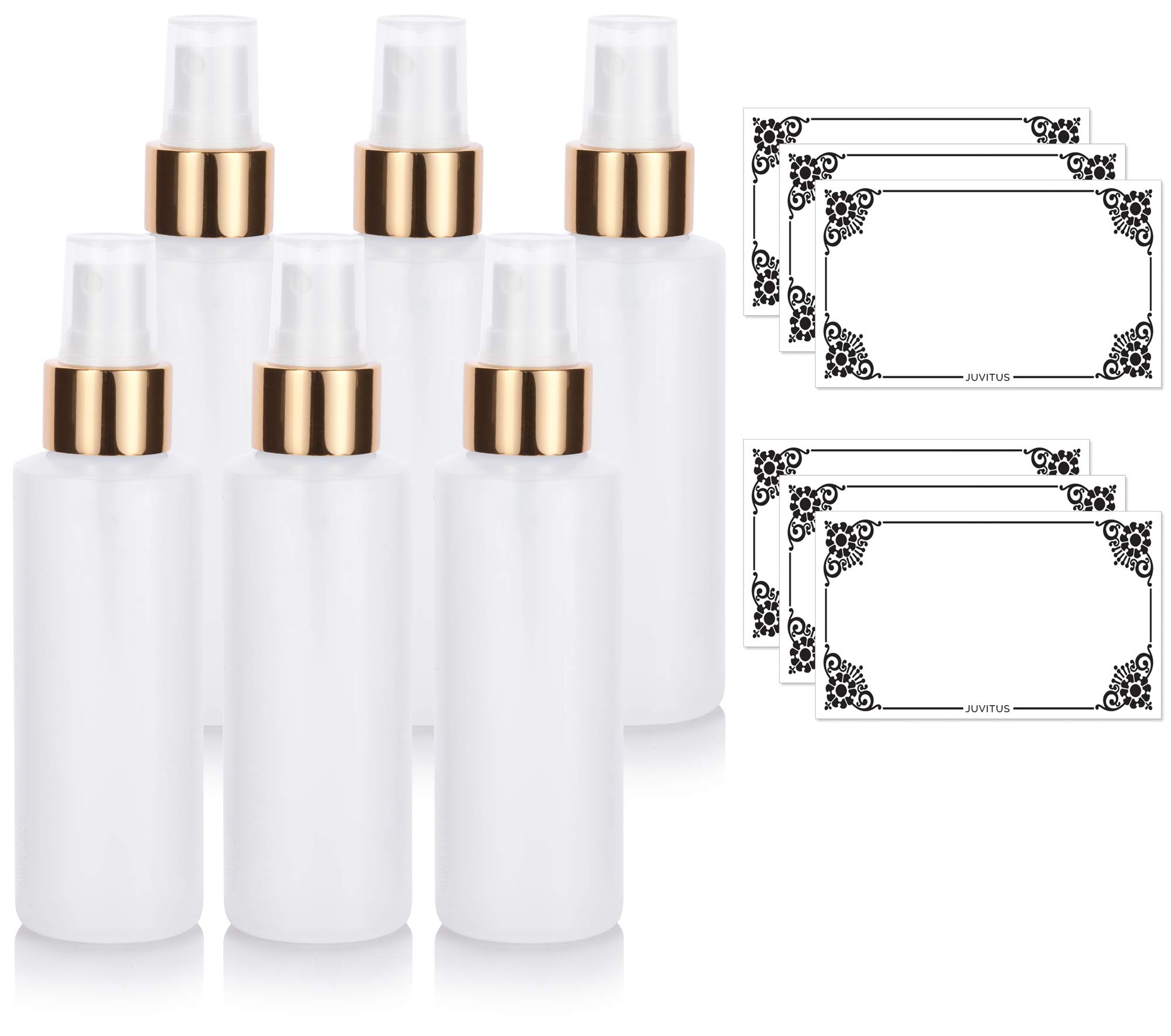 Clear Natural Refillable Plastic Squeeze Bottle with Gold Fine Mist Sprayer - 4 oz Set (6 pack) + Labels