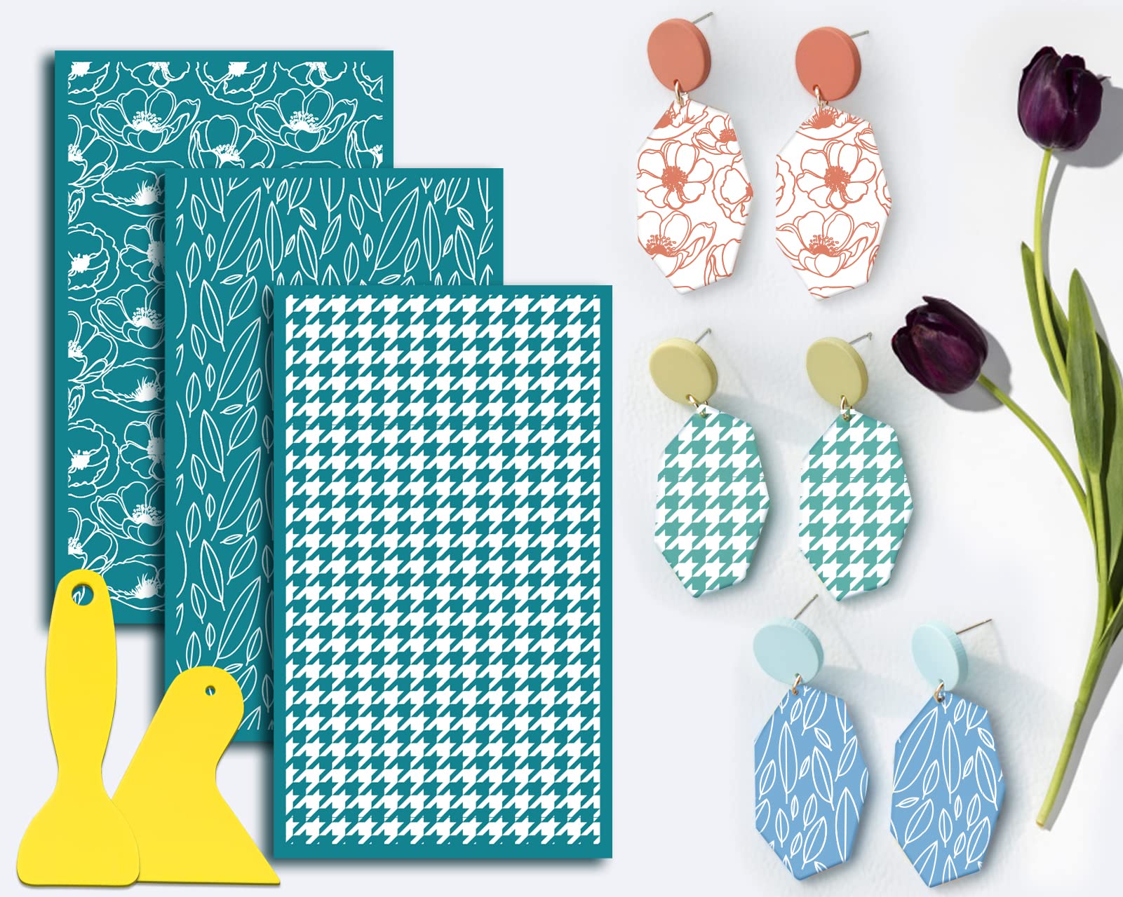 BABORUI Silk Screen Stencils for Polymer Clay, 3Pcs Reusable Silk Screen Stencils with 2Pcs Clay Scraper for Polymer Clay Cutters Clay Earring Jewelry Making Kit