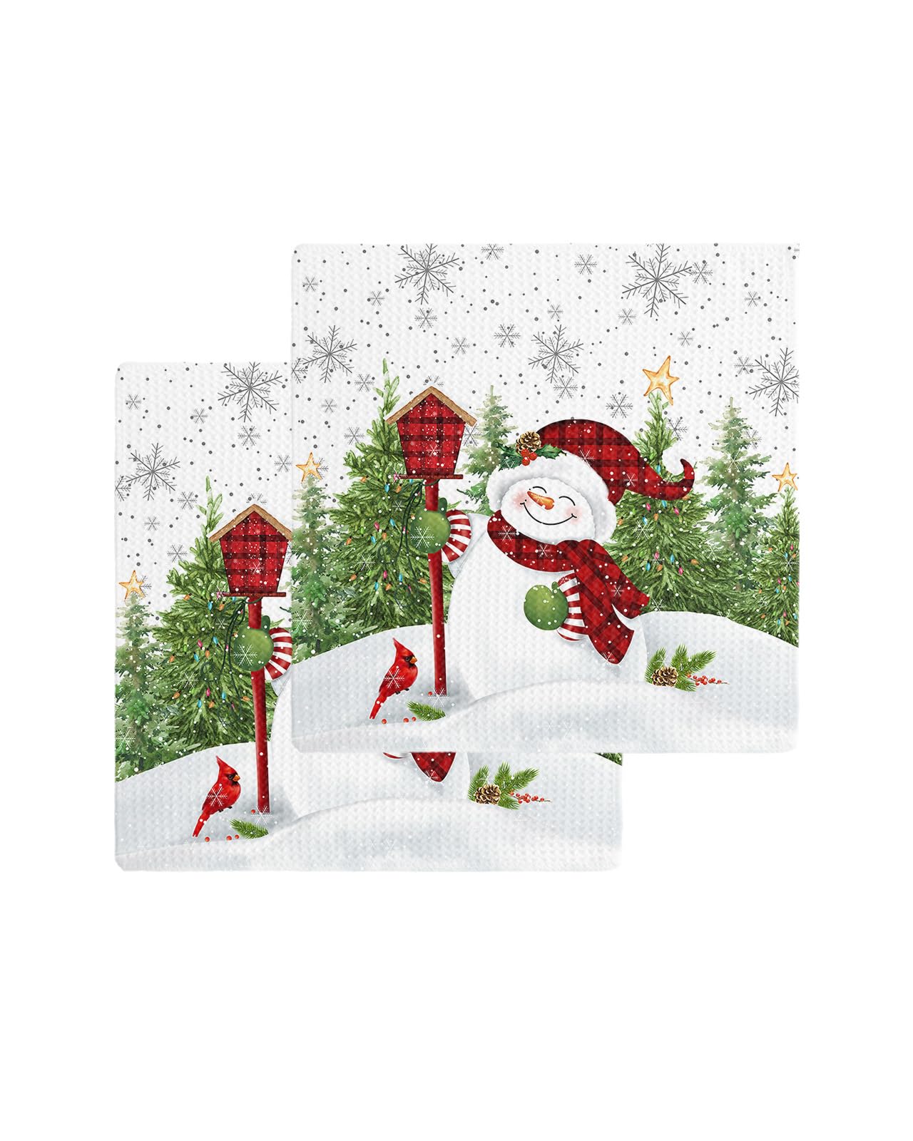Hokiten Christmas Snowman Waffle Kitchen Towels Dishcloths, Green Xmas Tree Winter Snowflake Absorbent Dish Towels | Hand Towels for Bathroom/Bar, 12 x 12 Inch, 2 Pcs