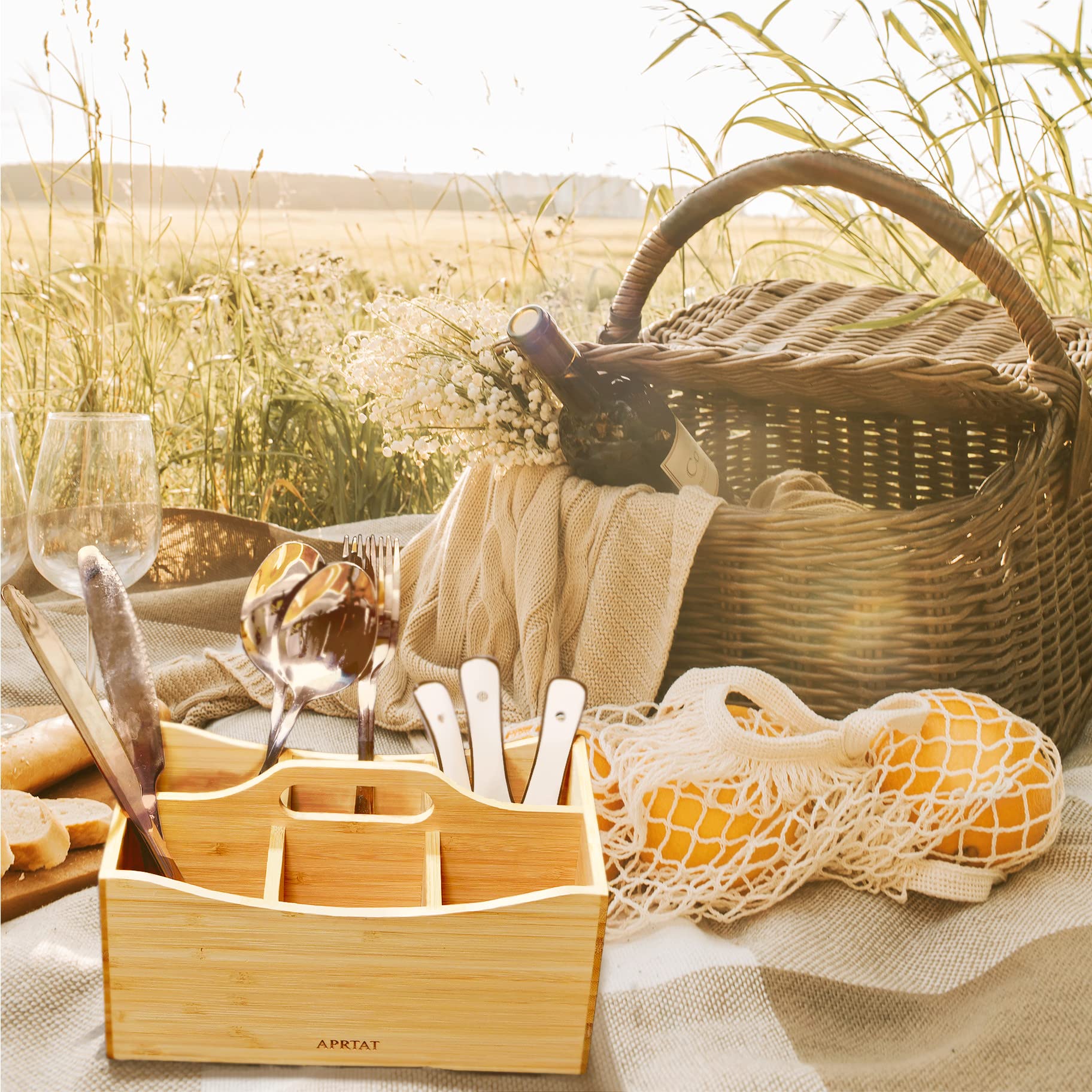 APRTAT Bamboo Flatware Utensil Caddy,Utensil Holder For Outdoor Picnic, Kitchen Storage-Holds Silverware, Forks, Knives, Spoons And Other Utensils | Size-8.03 L x 5.43 W X 4.73 H in