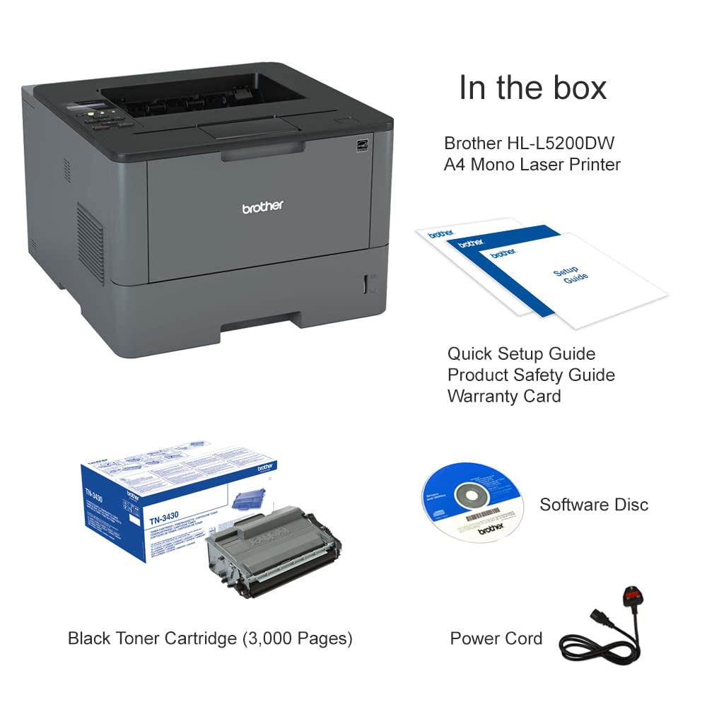 Brother HL-L5200DW Wireless Monochrome Single-Function Laser Printer for Home Office, Gray - Print only - 42 ppm, 1200 x 1200 dpi, 8.5" x 14" Legal, 256MB Memory, Auto Duplex Printing, Ethernet