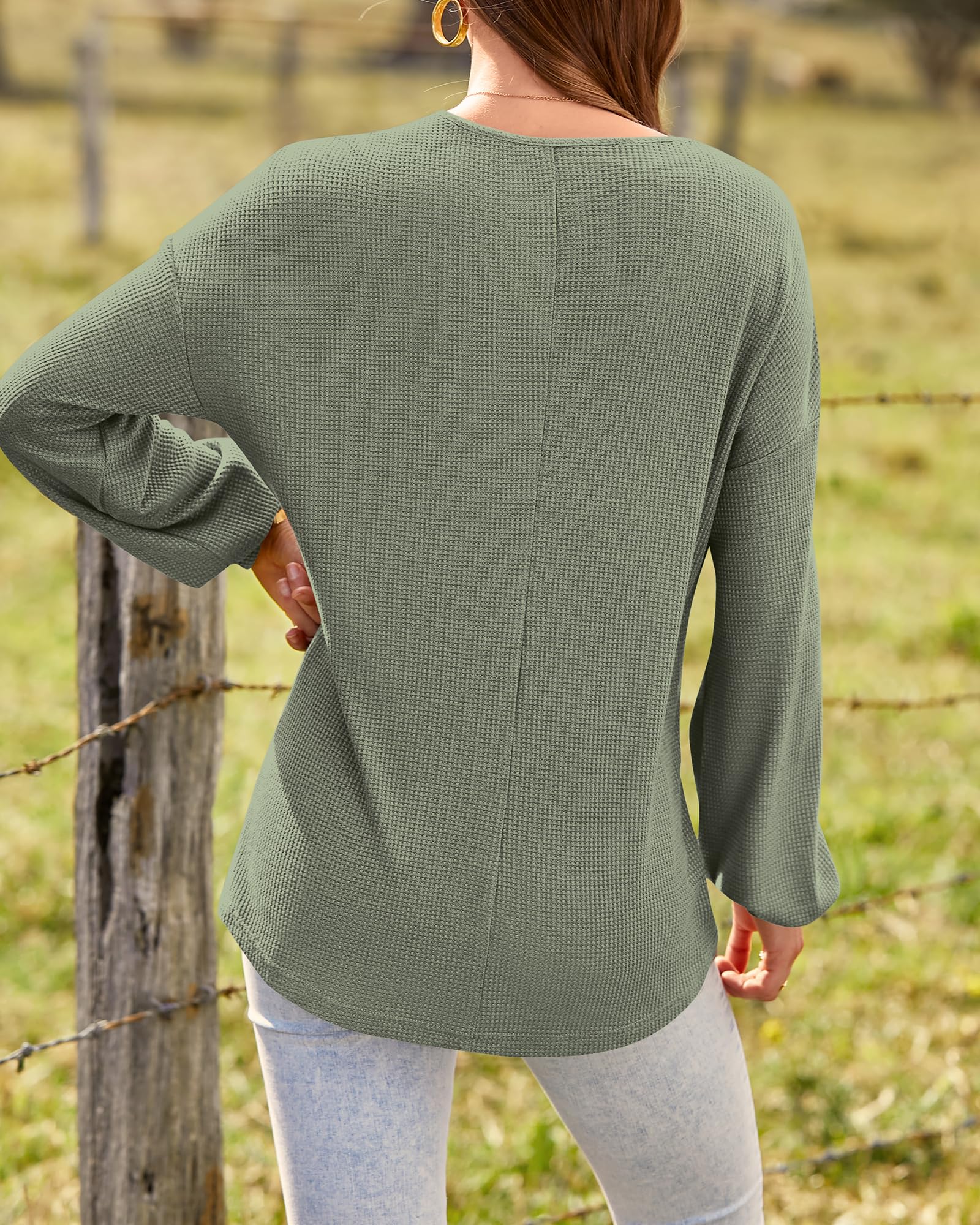 BTFBM Women Long Sleeve Shirts Fall Fashion 2025 V Neck Loose Casual Blouse Deco Button Lightweight Waffle Knit Pullover(Army Green, Small)