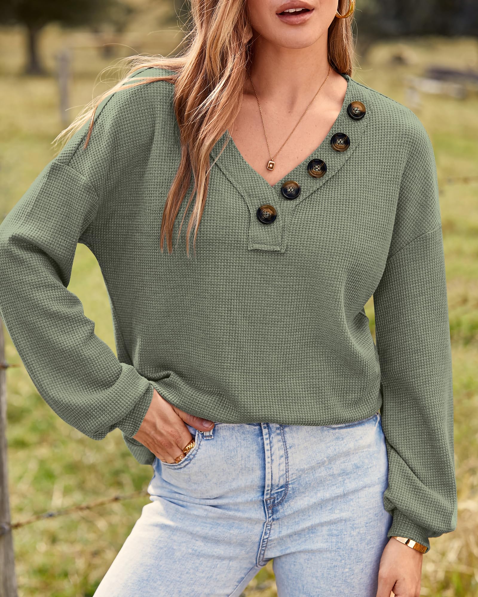 BTFBM Women Long Sleeve Shirts Fall Fashion 2025 V Neck Loose Casual Blouse Deco Button Lightweight Waffle Knit Pullover(Army Green, Small)