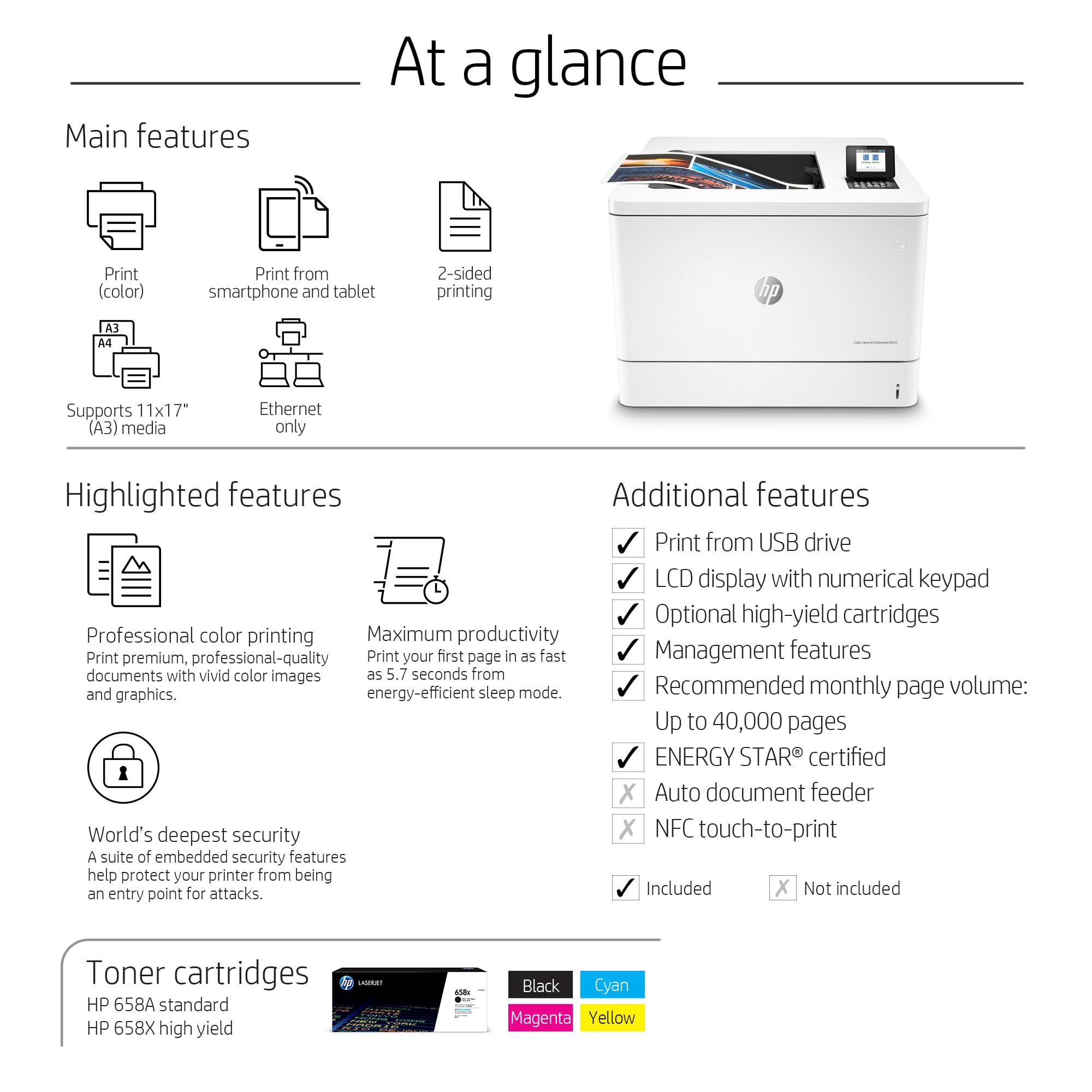 HP Color LaserJet Enterprise M751dn Printer with One-Year, Next-Business Day, Onsite Warranty (T3U44A)