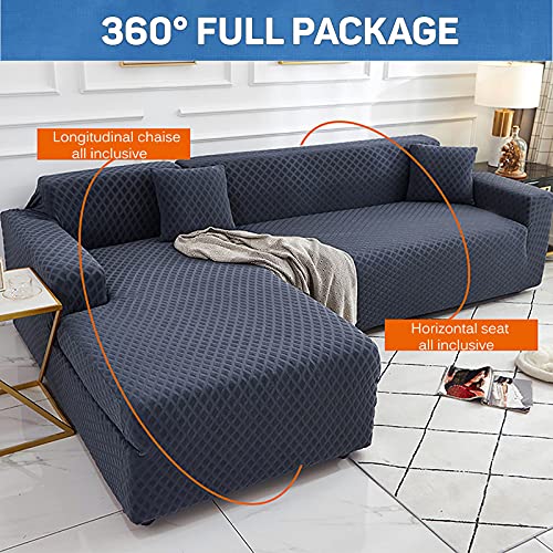 Checks Stretch Sofa Slipcover, Thick Sectional Couch Covers Elastic Bottom Removable L-Shaped Sofa Covers for Pets Cat Dog-Blue A-3 Seater+4 Seater