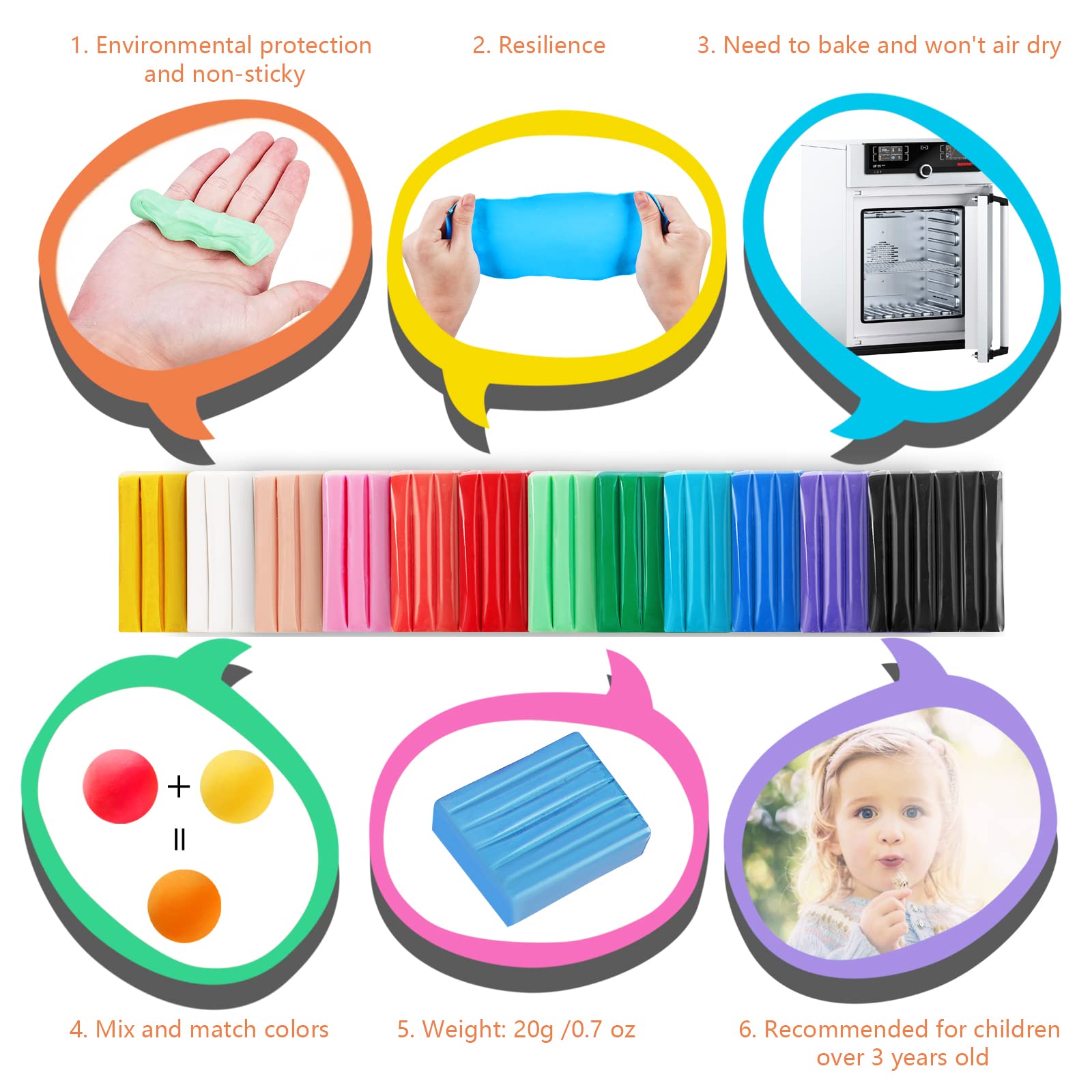 CiaraQ Small Modeling Clay Set, 12 Colors Safe & Non-Toxic Oven Bake Polymer Clay Starter Kit for Kids/Beginners