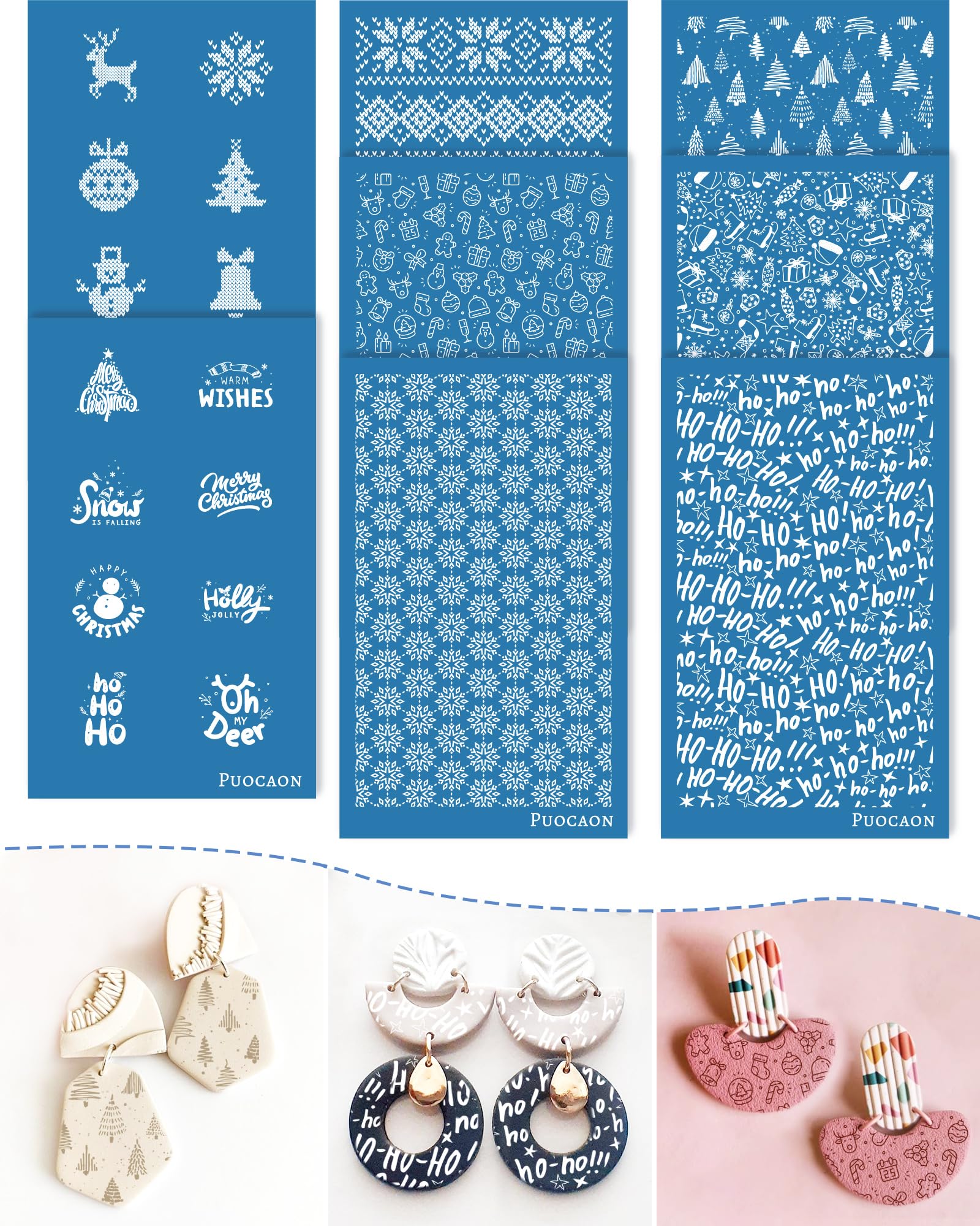 Puocaon Christmas Clay Silk Screen - 8 Pcs Reusable Silk Screen Stencils for Polymer Clay Jewelry Making, Ugly Christmas Jumper Sweater Silk Screen Stencil, Snowflake Graffiti Polymer Clay Tools