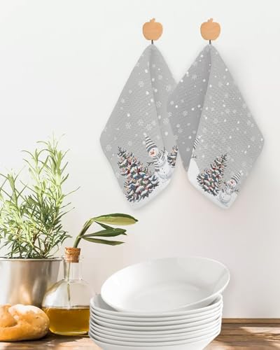 Hokiten Grey Snowman Christmas Waffle Kitchen Towels Dishcloths, Winter Snowflake Xmas Tree Absorbent Dish Towels | Hand Towels for Bathroom/Bar, 12 x 12 Inch, 2 Pcs