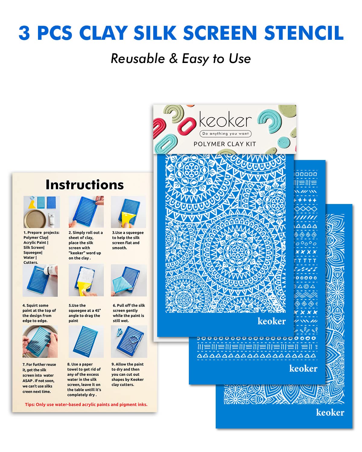 Keoker Boho Silk Screen Stencils for Polymer Clay, 3PCS Aztec Silk Screen for Polymer Clay, for Printing on Jewelry Clay Earrings Decoration, Each 6" X 3.8" (Boho)