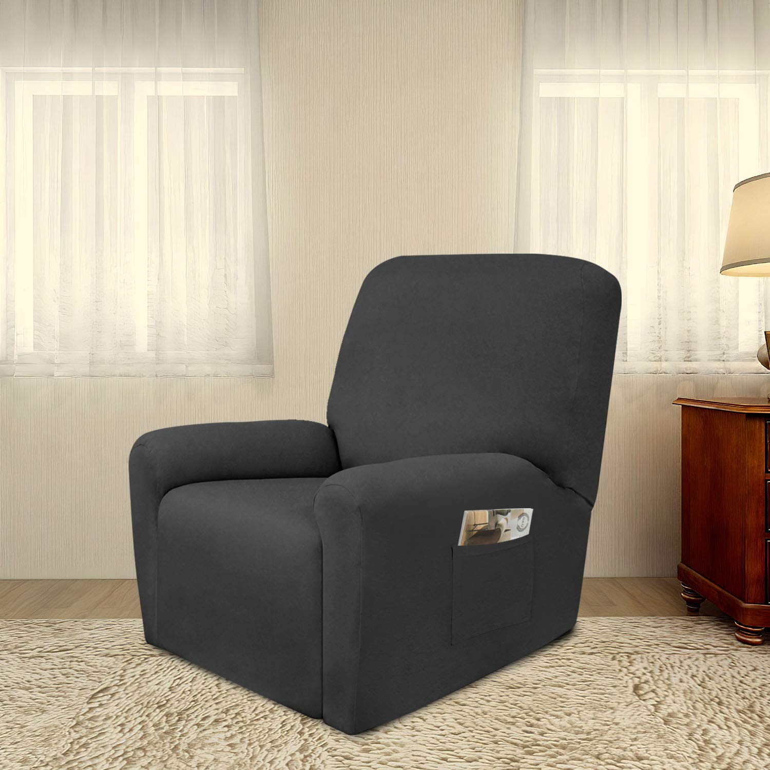 PureFit Super Stretch Chair Sofa Slipcover with Pocket – Spandex Non Slip Soft Couch Sofa Cover, Washable Furniture Protector with Elastic Bottom for Kids, Pets (Recliner, Dark Gray)