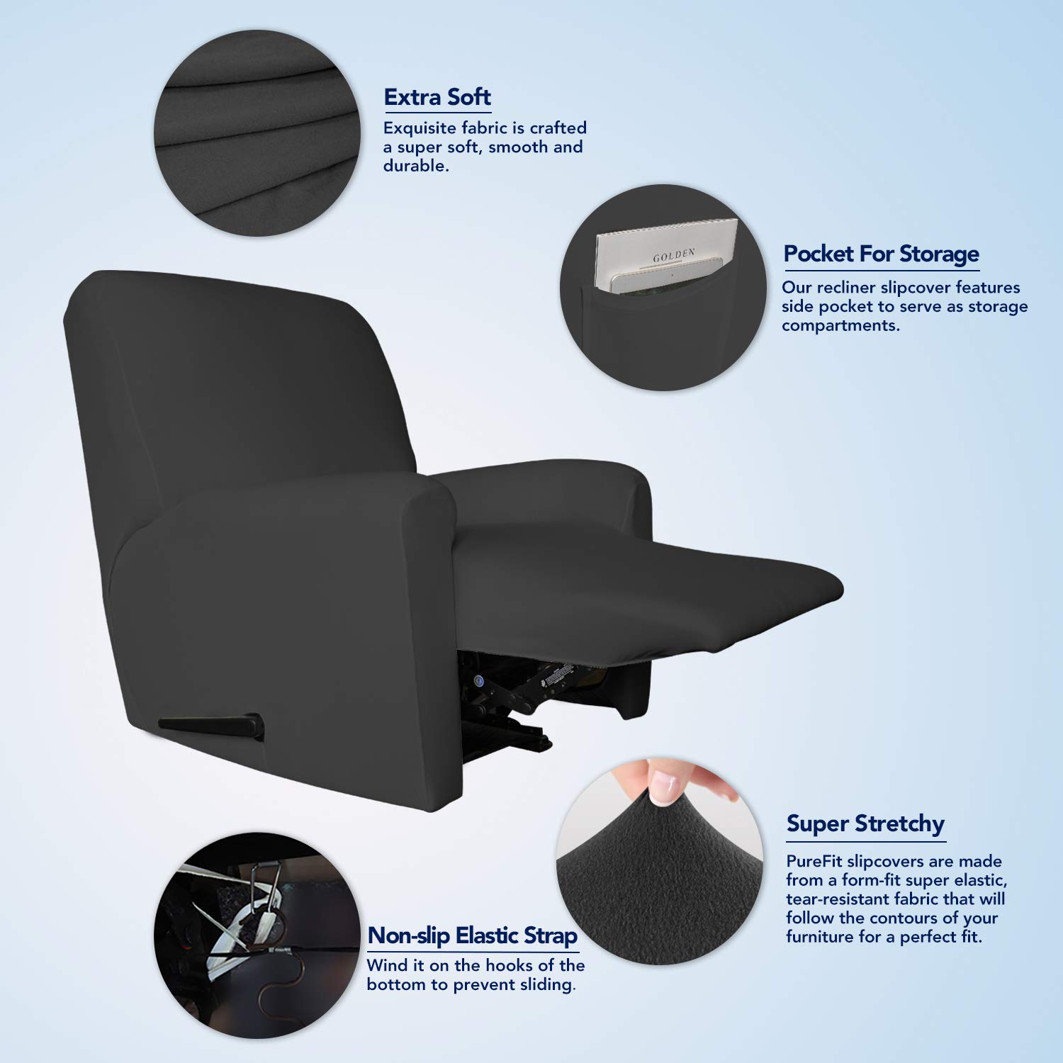 PureFit Super Stretch Chair Sofa Slipcover with Pocket – Spandex Non Slip Soft Couch Sofa Cover, Washable Furniture Protector with Elastic Bottom for Kids, Pets (Recliner, Dark Gray)