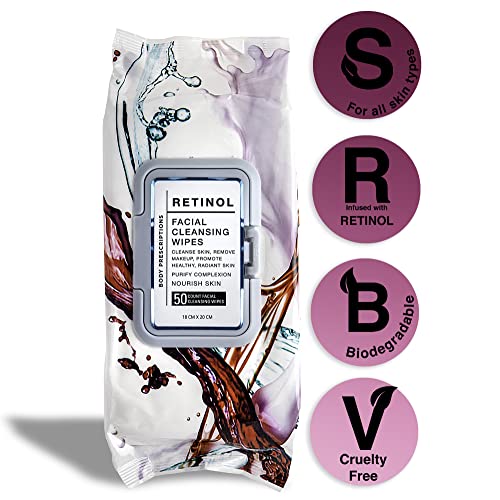Face Wipes | Retinol Facial Cleansing and Gentle Make Up Remover Wipes - 2 Pack (50 Count Each) | Body Prescriptions