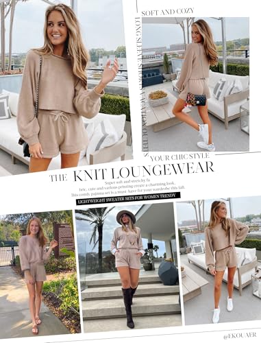 Ekouaer Knit Pajamas Set for Women Lounge Sets Long Sleeve Sweatsuit Matching 2 Piece Outfits Cute Sweater Sets Apricot M