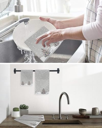 Hokiten Grey Snowman Christmas Waffle Kitchen Towels Dishcloths, Winter Snowflake Xmas Tree Absorbent Dish Towels | Hand Towels for Bathroom/Bar, 12 x 12 Inch, 2 Pcs