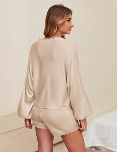 Ekouaer Knit Pajamas Set for Women Lounge Sets Long Sleeve Sweatsuit Matching 2 Piece Outfits Cute Sweater Sets Apricot M