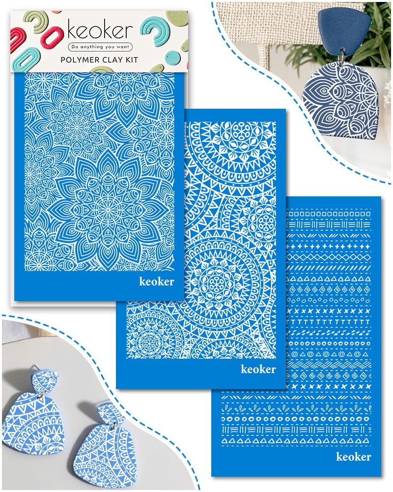 Keoker Boho Silk Screen Stencils for Polymer Clay, 3PCS Aztec Silk Screen for Polymer Clay, for Printing on Jewelry Clay Earrings Decoration, Each 6" X 3.8" (Boho)
