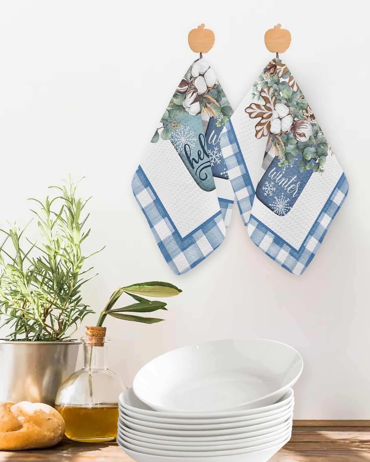 Hokiten Christmas Waffle Kitchen Towels Dishcloths, Xmas Eucalyptus Leaves Winter Cotton Blue Plaid Absorbent Dish Towels | Hand Towels for Bathroom/Bar, 12 x 12 Inch, 2 Pcs