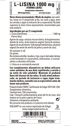 Solgar L-Lysine 1000 mg, 250 Tablets - Enhanced Absorption and Assimilation - Promotes Integrity of Skin and Lips - Collagen Support - Amino Acids - Non-GMO, Vegan, Gluten Free - 250 Servings
