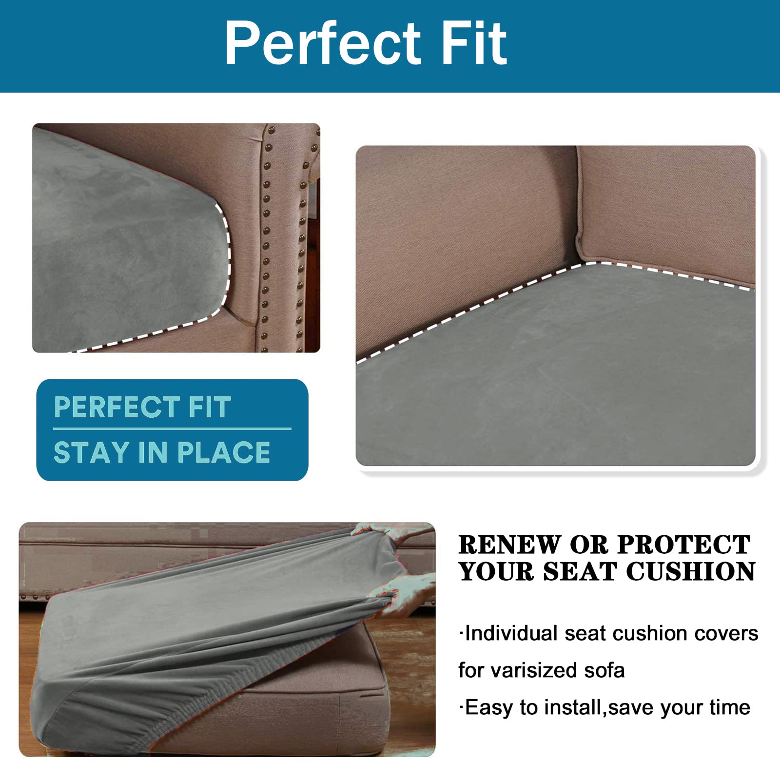 GUYIRT Velvet Couch Cushion Covers Stretch Individual Cushion Covers Non Slip Furniture Protector Washable Sofa Seat Cushion Covers Replacement Sofa Slipcover -Blue-4 Seater