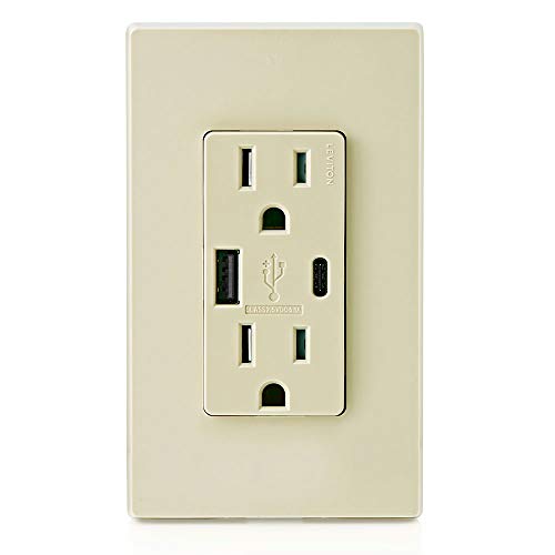 Leviton T5633-I 15-Amp Type A & Type-C USB Charger/Tamper Resistant Outlet, Not for Laptops, Ivory