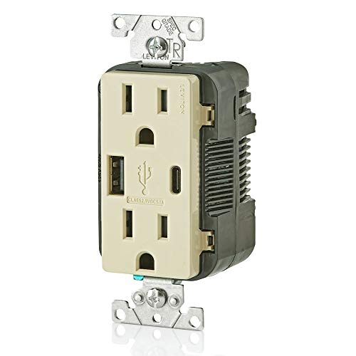 Leviton T5633-I 15-Amp Type A & Type-C USB Charger/Tamper Resistant Outlet, Not for Laptops, Ivory