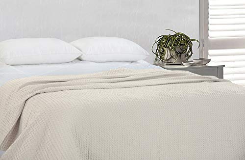 HILLFAIR 100% Combed Cotton Blanket– Queen Size Bed Blanket– Warm Soft All Season Breathable Lightweight Summer Blankets– Waffle Weave Home Decor Bed Blanket- Ivory Queen Bed Cotton Blankets/Bedcover