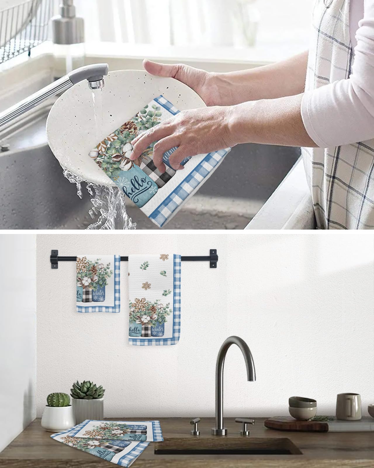 Hokiten Christmas Waffle Kitchen Towels Dishcloths, Xmas Eucalyptus Leaves Winter Cotton Blue Plaid Absorbent Dish Towels | Hand Towels for Bathroom/Bar, 12 x 12 Inch, 2 Pcs