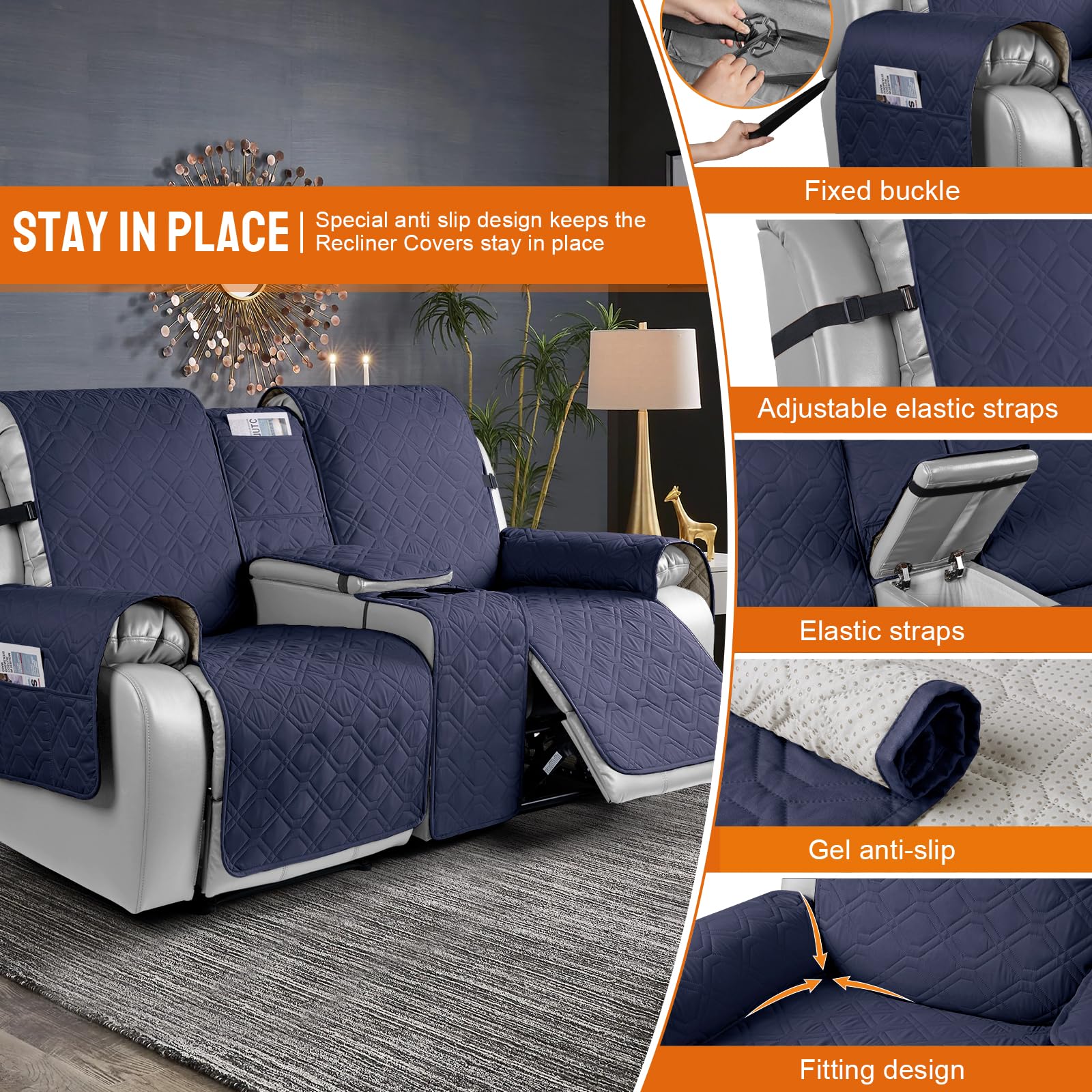VANSOFY Loveseat Recliner Cover with Console 100% Waterproof Sofa Slipcovers Non-Slip Reclining Couch Cover Split Sofa Covers Furniture Protector for Pets, Dogs(Dark Blue)