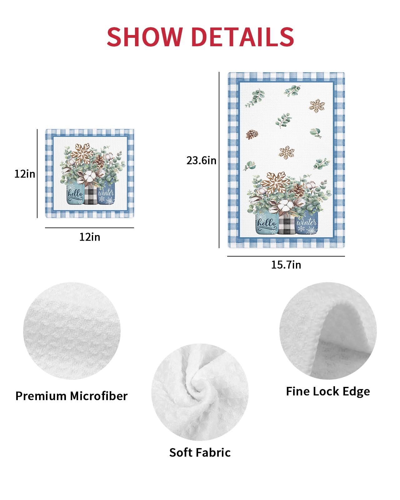 Hokiten Christmas Waffle Kitchen Towels Dishcloths, Xmas Eucalyptus Leaves Winter Cotton Blue Plaid Absorbent Dish Towels | Hand Towels for Bathroom/Bar, 12 x 12 Inch, 2 Pcs
