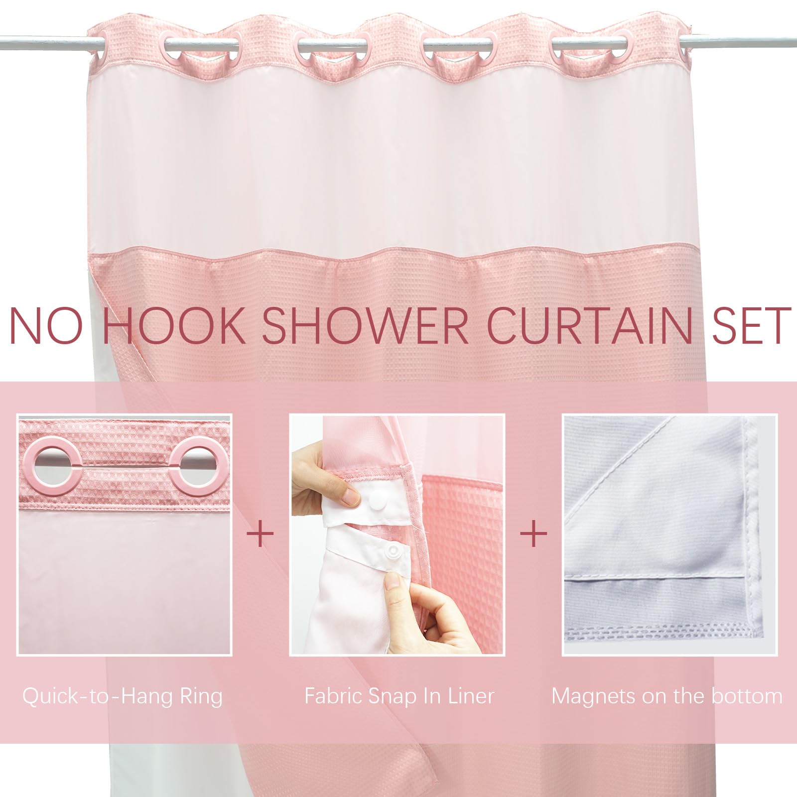 VIUOON No Hook Waffle Weave Shower Curtain with Snap-in Fabric Liner Set, Hotel Style with See Through Top Window, 230GSM Heavy Duty Fabric, Waterproof & Washable for Bathroom, 71W x 74H, Pink