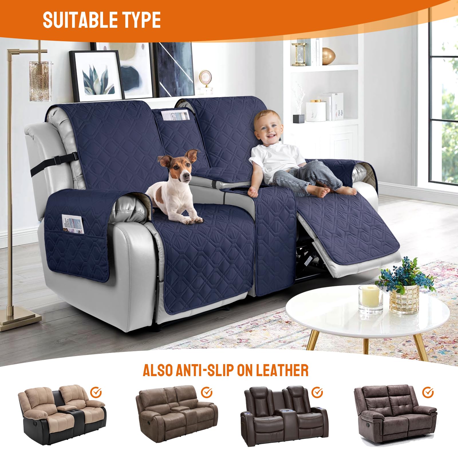 VANSOFY Loveseat Recliner Cover with Console 100% Waterproof Sofa Slipcovers Non-Slip Reclining Couch Cover Split Sofa Covers Furniture Protector for Pets, Dogs(Dark Blue)