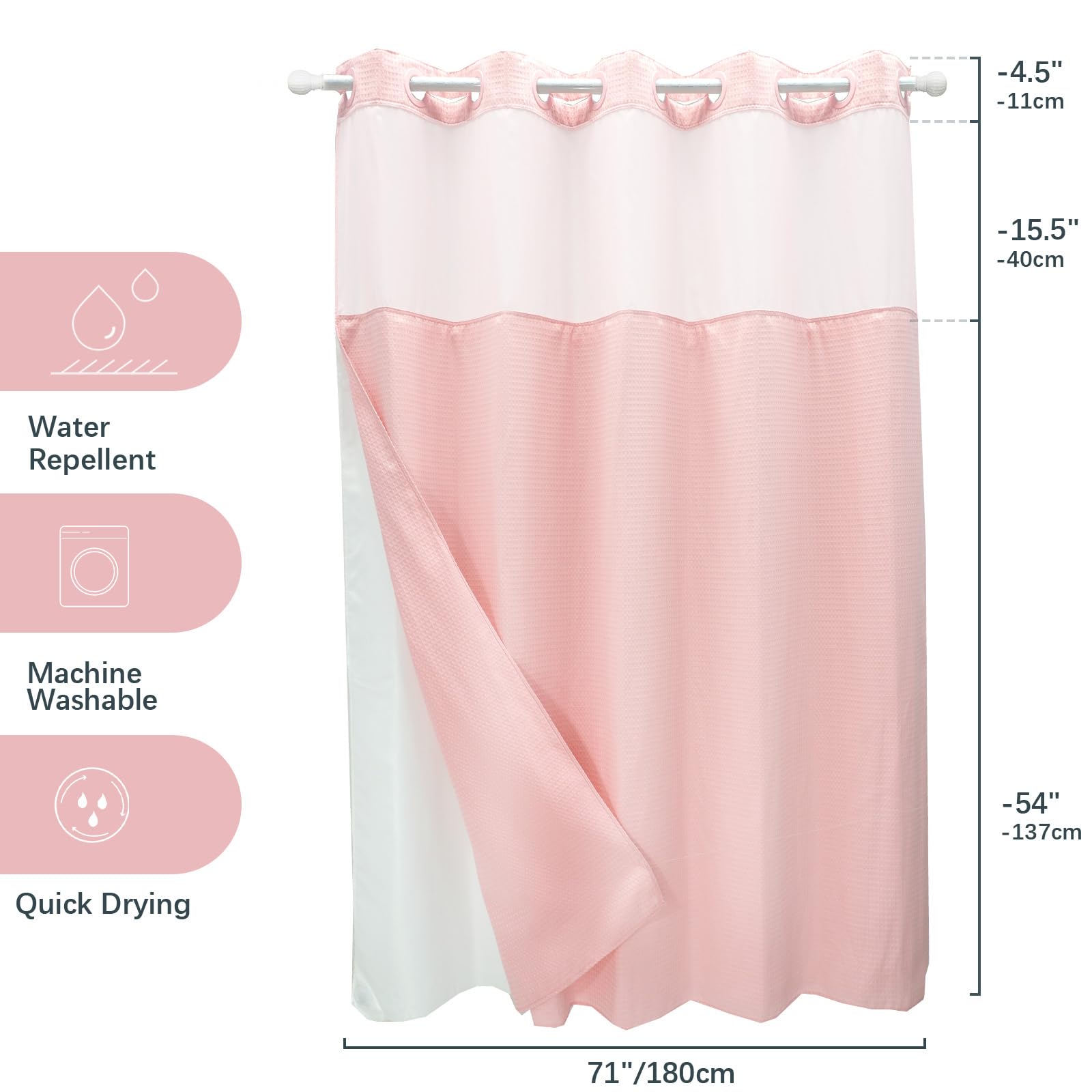 VIUOON No Hook Waffle Weave Shower Curtain with Snap-in Fabric Liner Set, Hotel Style with See Through Top Window, 230GSM Heavy Duty Fabric, Waterproof & Washable for Bathroom, 71W x 74H, Pink
