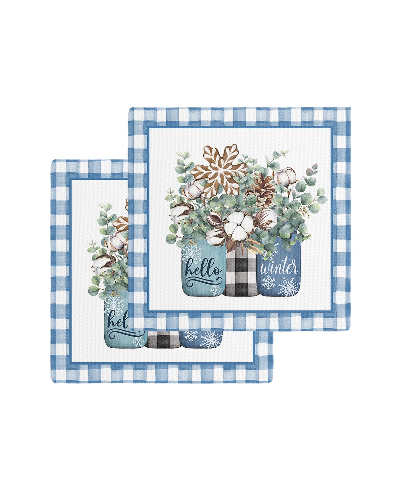Hokiten Christmas Waffle Kitchen Towels Dishcloths, Xmas Eucalyptus Leaves Winter Cotton Blue Plaid Absorbent Dish Towels | Hand Towels for Bathroom/Bar, 12 x 12 Inch, 2 Pcs