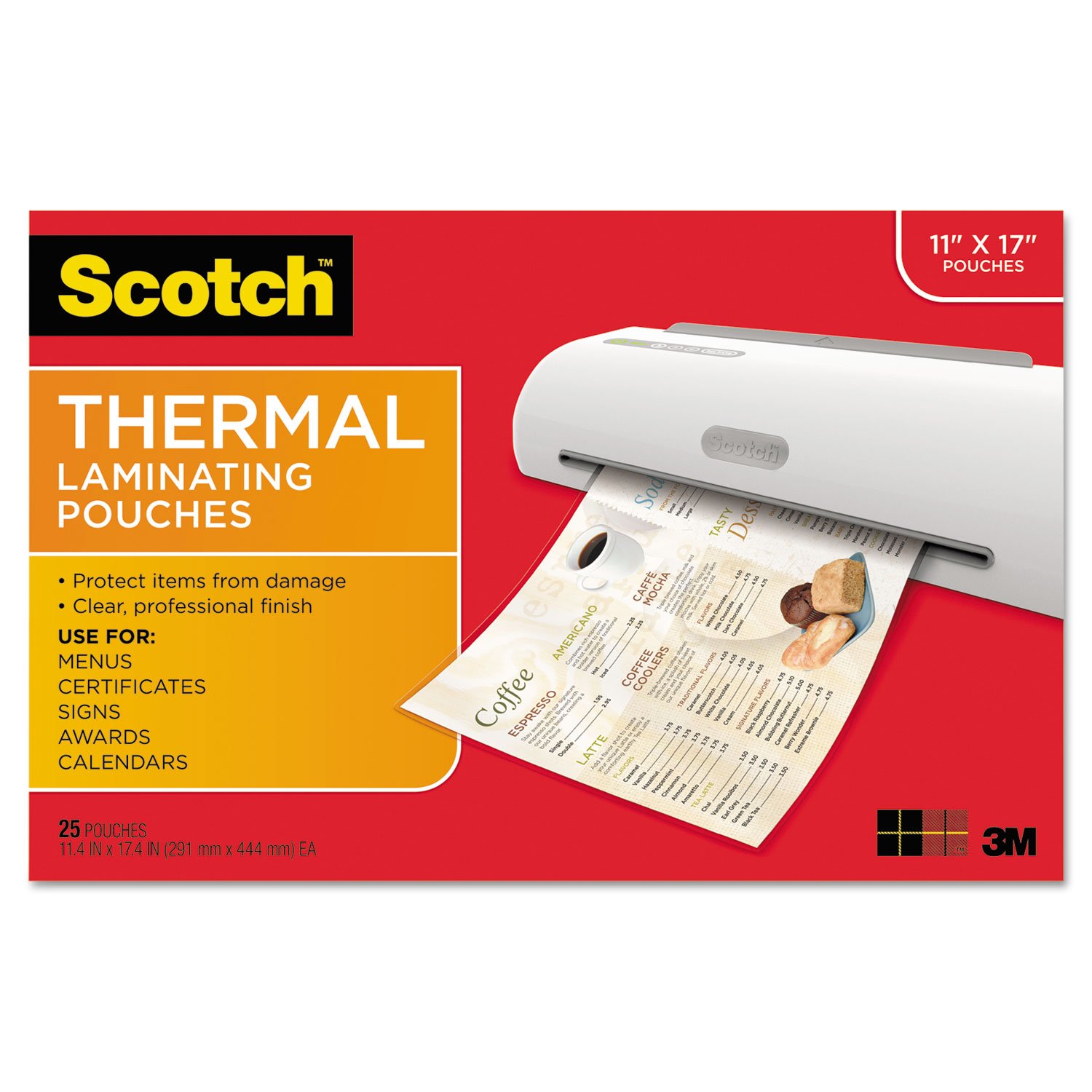 Scotch Tp385625 Menu Size Thermal Laminating Pouches, 3 Mil, 17 1/2 X 11 1/2, 25 Per Pack