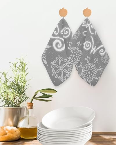 Hokiten Grey Christmas Snowflake Waffle Kitchen Towels Dishcloths, Xmas Winter Snowflake Let Snow Absorbent Dish Towels | Hand Towels for Bathroom/Bar, 12 x 12 Inch, 2 Pcs