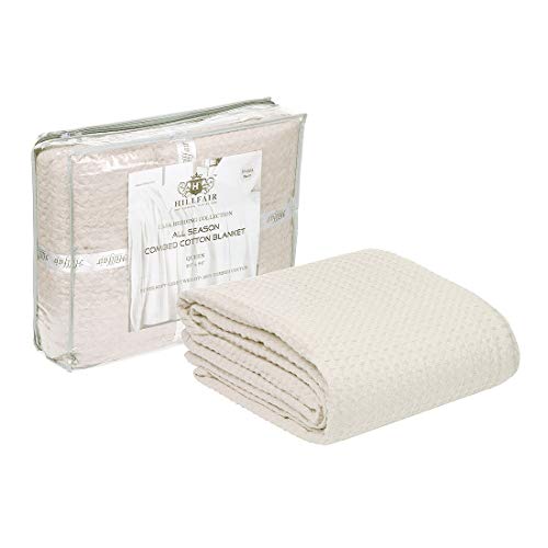 HILLFAIR 100% Combed Cotton Blanket– Queen Size Bed Blanket– Warm Soft All Season Breathable Lightweight Summer Blankets– Waffle Weave Home Decor Bed Blanket- Ivory Queen Bed Cotton Blankets/Bedcover