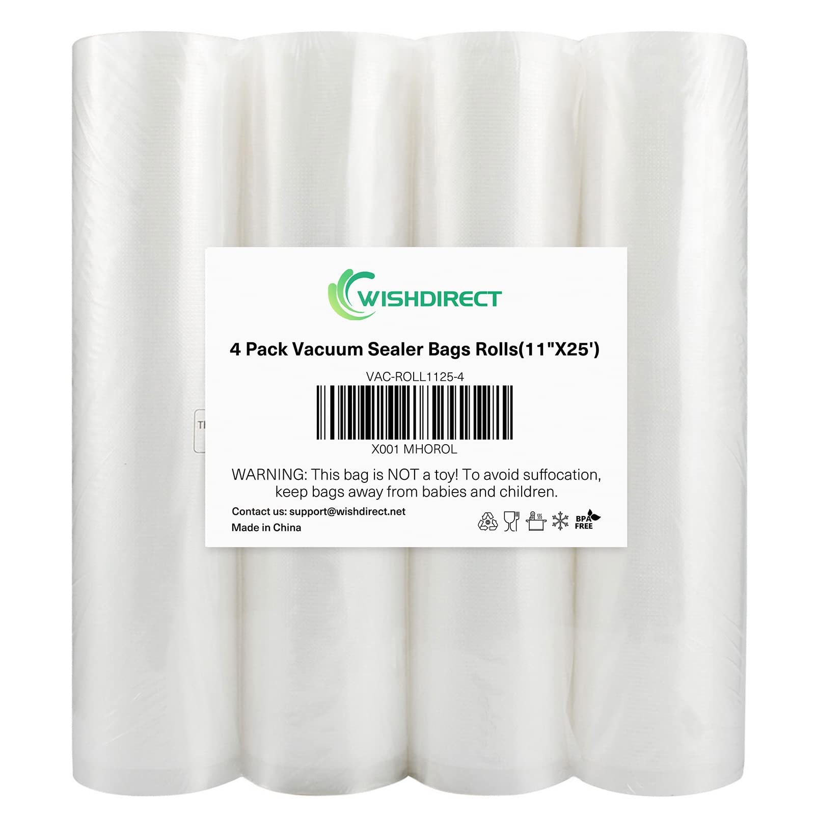 WishDirect Vacuum Sealer Bags Rolls Compatible with FoodSaver 4-Pack 11" x 25' Vacuum Seal Rolls Fit Inside Machine Double-Side Embossed BPA-Free Bags for Sous Vide or Food Storage (Total 100 Feet)
