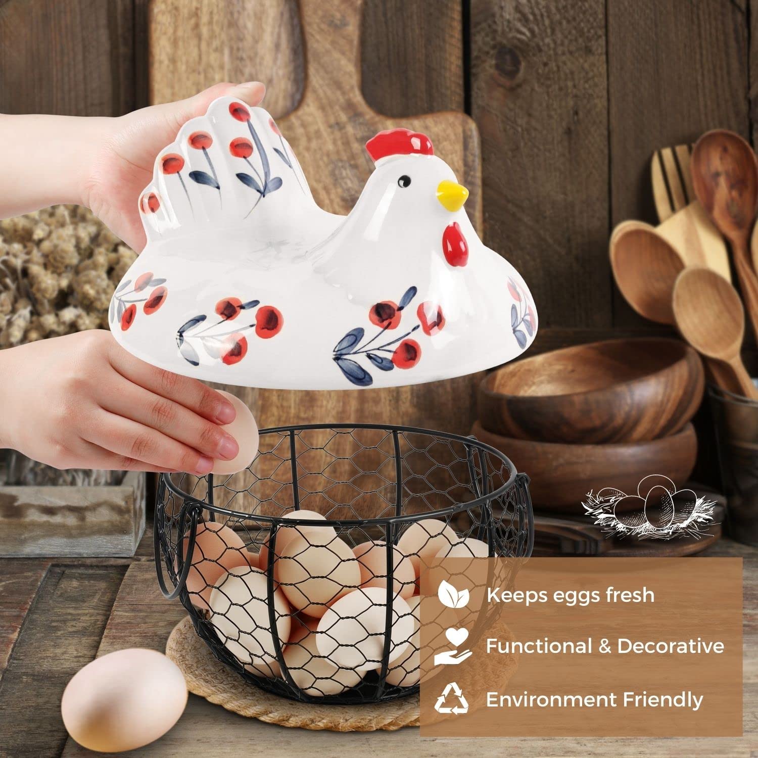 Flexzion Chicken Egg Basket - Wire Chicken Egg Basket with Ceramic Chicken Cover and Handles - Rustic Country Farmhouse Decor Countertop Egg Holder, Rustic Cherry