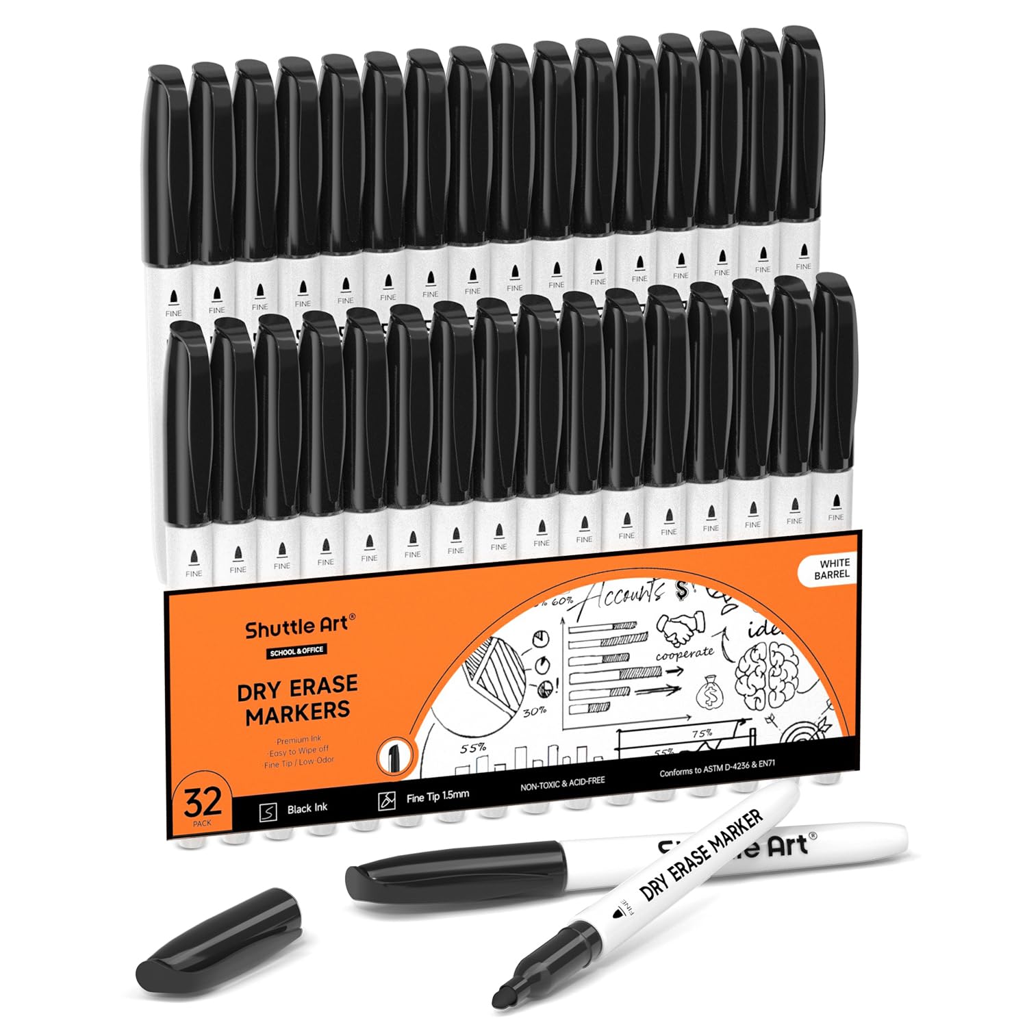 Dry Erase Markers, Shuttle Art 32 Pack Black Whiteboard Markers,Fine Tip Dry Erase Markers for Kids,Perfect for Writing on Whiteboards, Dry-Erase Boards,Mirror,Calender,School Office Supplies