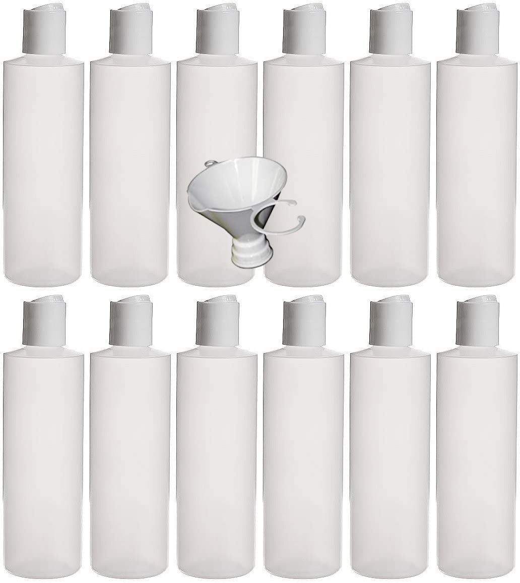 Earth's Essentials 12 Pack Of Refillable Eight Ounce. Squeeze Bottles With One Hand Press Cap Dispenser Tops-Great For Dispensing Lotions, Shampoos and Massage Oils.