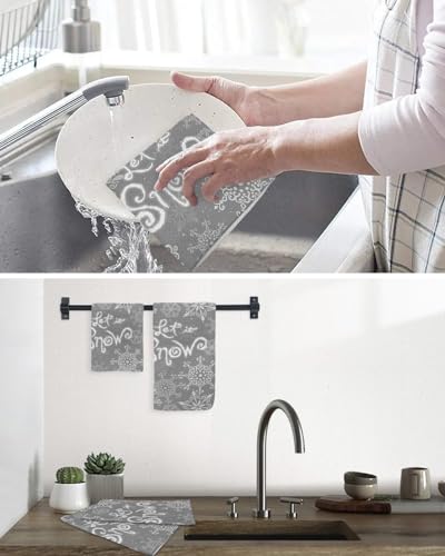 Hokiten Grey Christmas Snowflake Waffle Kitchen Towels Dishcloths, Xmas Winter Snowflake Let Snow Absorbent Dish Towels | Hand Towels for Bathroom/Bar, 12 x 12 Inch, 2 Pcs