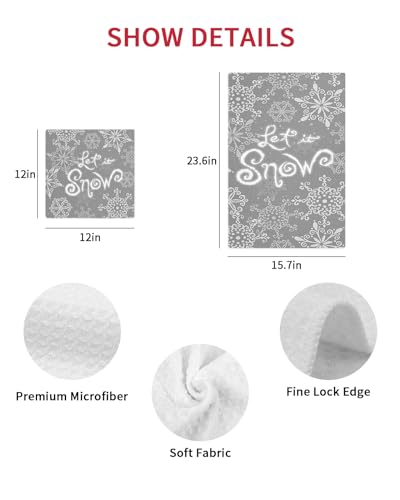 Hokiten Grey Christmas Snowflake Waffle Kitchen Towels Dishcloths, Xmas Winter Snowflake Let Snow Absorbent Dish Towels | Hand Towels for Bathroom/Bar, 12 x 12 Inch, 2 Pcs