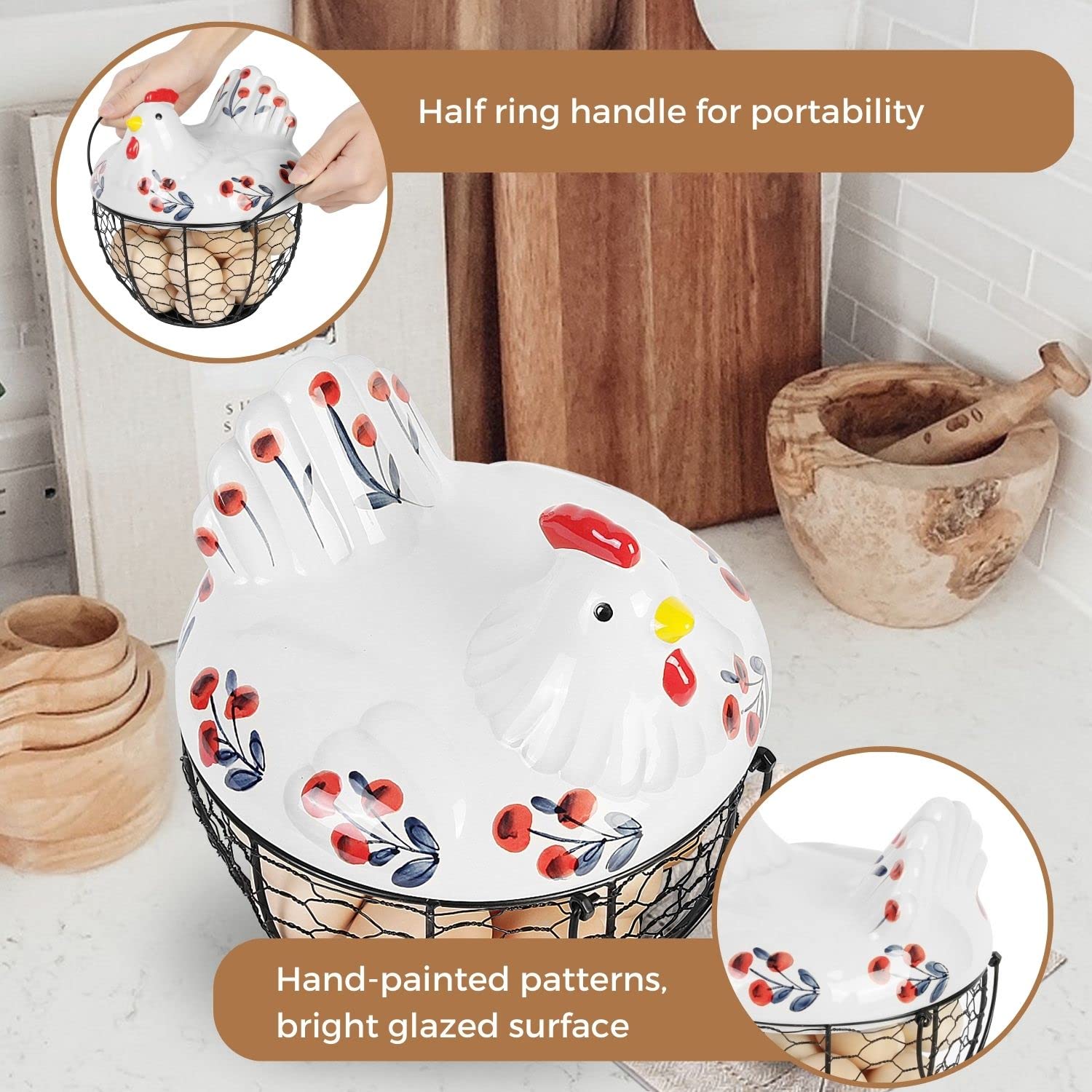 Flexzion Chicken Egg Basket - Wire Chicken Egg Basket with Ceramic Chicken Cover and Handles - Rustic Country Farmhouse Decor Countertop Egg Holder, Rustic Cherry