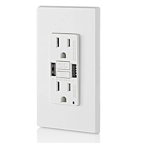 Leviton GUSB1-W 15A SmartlockPro GFCI Combination 24W(4.8A) Type A USB In-Wall Charger Outlet , White