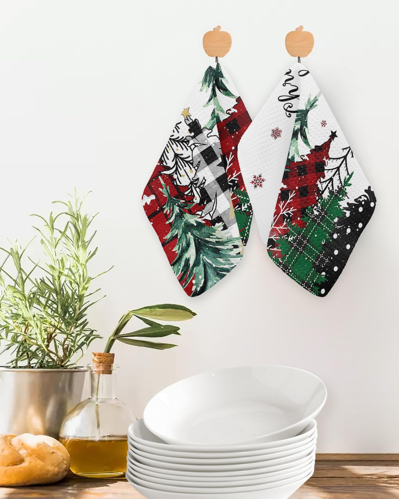 Hokiten Christmas Tree Waffle Kitchen Towels Dishcloths, Merry Christmas Xmas Tree Winter Snowflake Absorbent Dish Towels | Hand Towels for Bathroom/Bar, 12 x 12 Inch, 2 Pcs