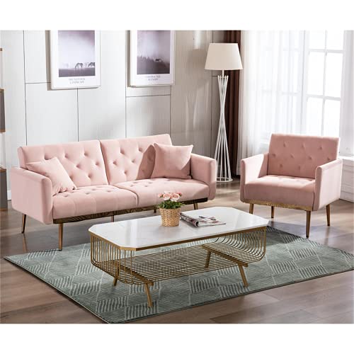 SZLIZCCC Square Velvet Accent Chair, Golden Metal Leg Single Sofa, Living Room, Bedroom, Coffee, Reception (Pink)