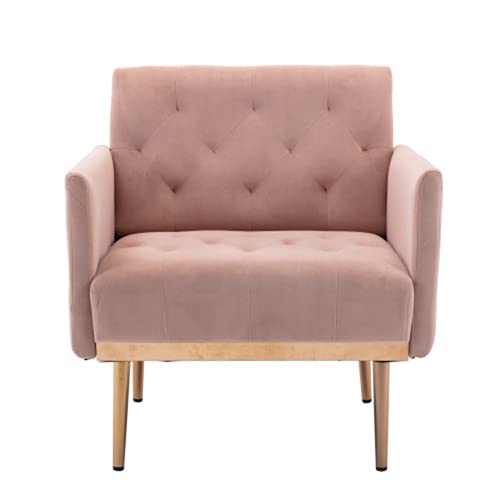 SZLIZCCC Square Velvet Accent Chair, Golden Metal Leg Single Sofa, Living Room, Bedroom, Coffee, Reception (Pink)