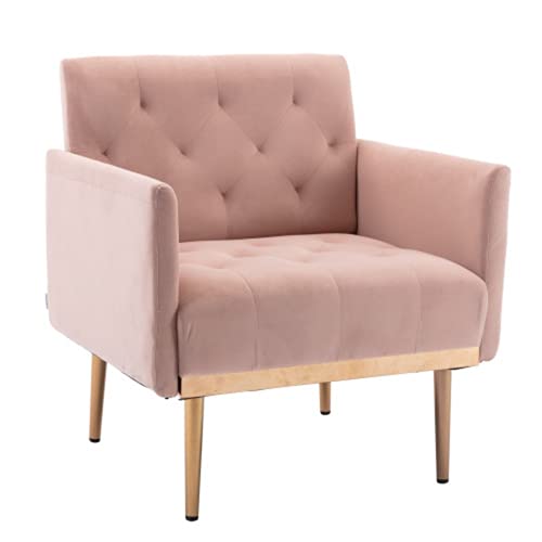 SZLIZCCC Square Velvet Accent Chair, Golden Metal Leg Single Sofa, Living Room, Bedroom, Coffee, Reception (Pink)