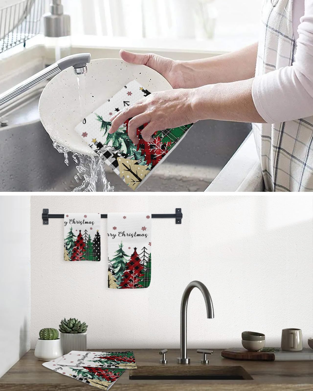 Hokiten Christmas Tree Waffle Kitchen Towels Dishcloths, Merry Christmas Xmas Tree Winter Snowflake Absorbent Dish Towels | Hand Towels for Bathroom/Bar, 12 x 12 Inch, 2 Pcs