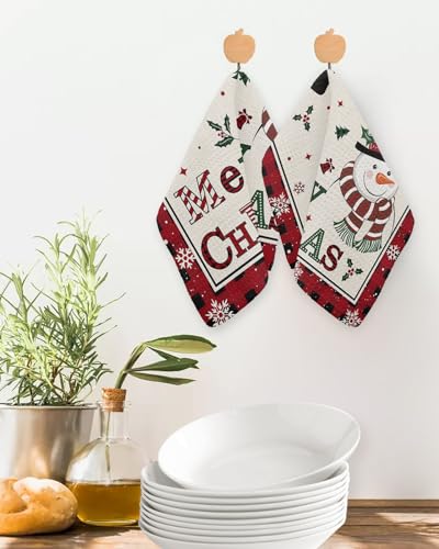 Hokiten Christmas Waffle Kitchen Towels Dishcloths, Red Black Plaid Snowman Xmas Winter Snowflake Absorbent Dish Towels | Hand Towels for Bathroom/Bar, 12 x 12 Inch, 2 Pcs